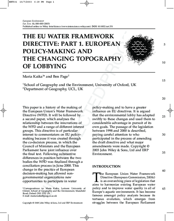(PDF) The EU Water Framework Directive: part 1. European policy-making ...