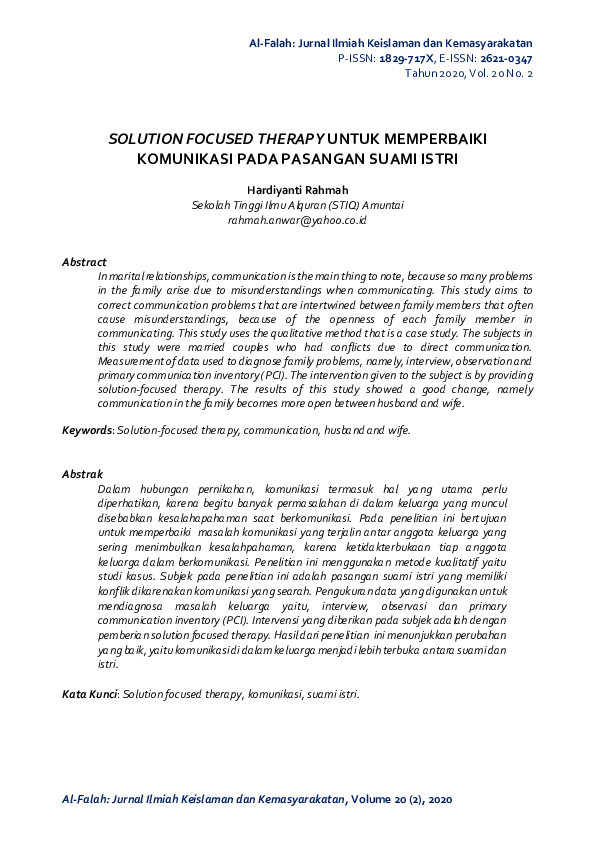 (PDF) Solution Focused Therapy Untuk Memperbaiki Komunikasi Pada Pasangan Suami Istri