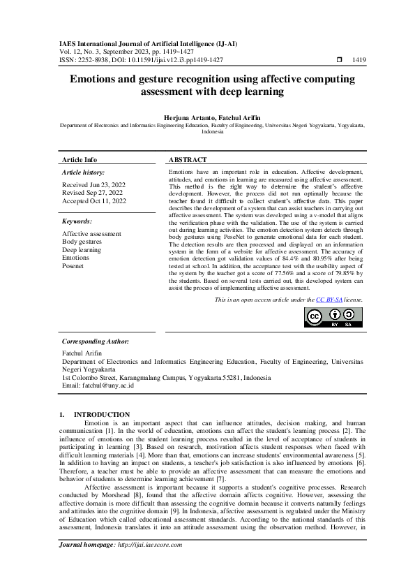 (PDF) Emotions and gesture recognition using affective computing assessment with deep learning