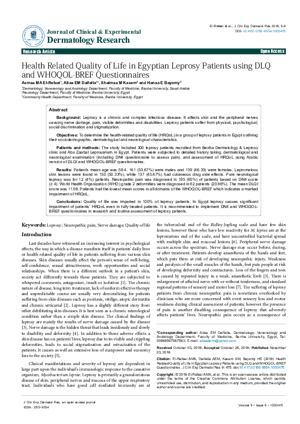 (PDF) Health Related Quality of Life in Egyptian Leprosy Patients using DLQ and WHOQOL-BREF ...