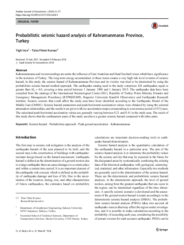 (PDF) Probabilistic seismic hazard analysis of Kahramanmaras Province, Turkey