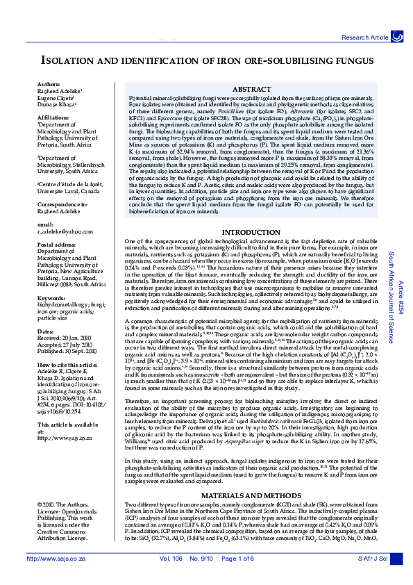 (PDF) Isolation and identification of iron ore- solubilising fungus