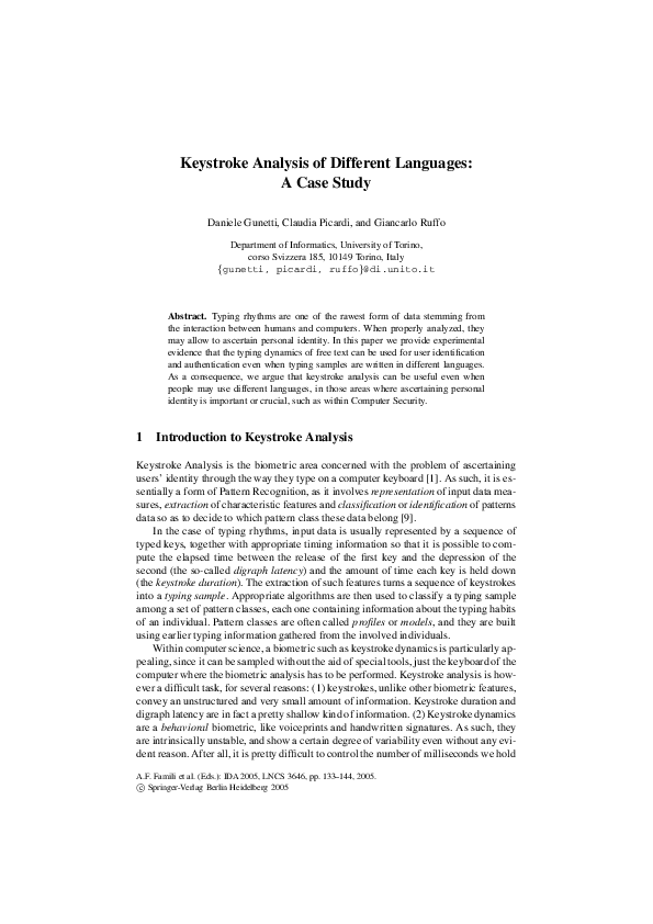 (PDF) Keystroke Analysis of Different Languages: A Case Study | Daniele Gunetti - Academia.edu