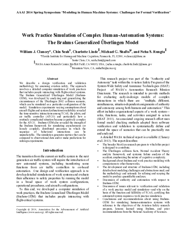 (PDF) Work Practice Simulation of Complex Human-Automation Systems: The Brahms Generalized ...