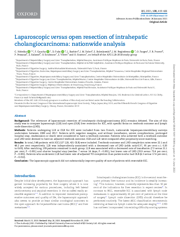 (PDF) Laparoscopic versus open resection of intrahepatic cholangiocarcinoma: nationwide analysis