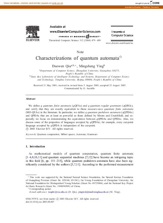 (PDF) Characterizations of quantum automata | Mingsheng Ying - Academia.edu