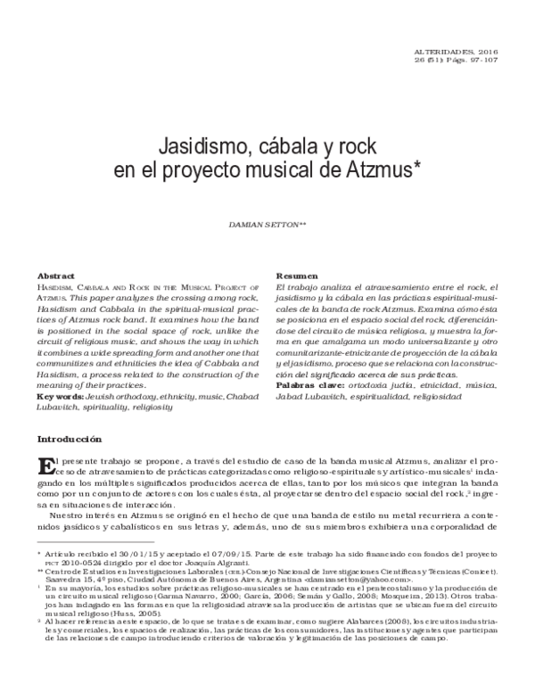 (PDF) Jasidismo, cábala y rock en el proyecto musical de Atzmus