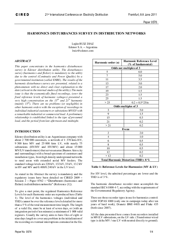 (PDF) Harmonics Disturbances Survey in Distribution Networks