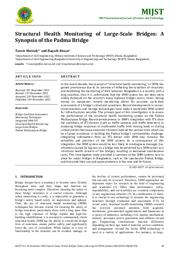 Pdf Structural Health Monitoring Of Large Scale Bridges A Synopsis Of The Padma Bridge