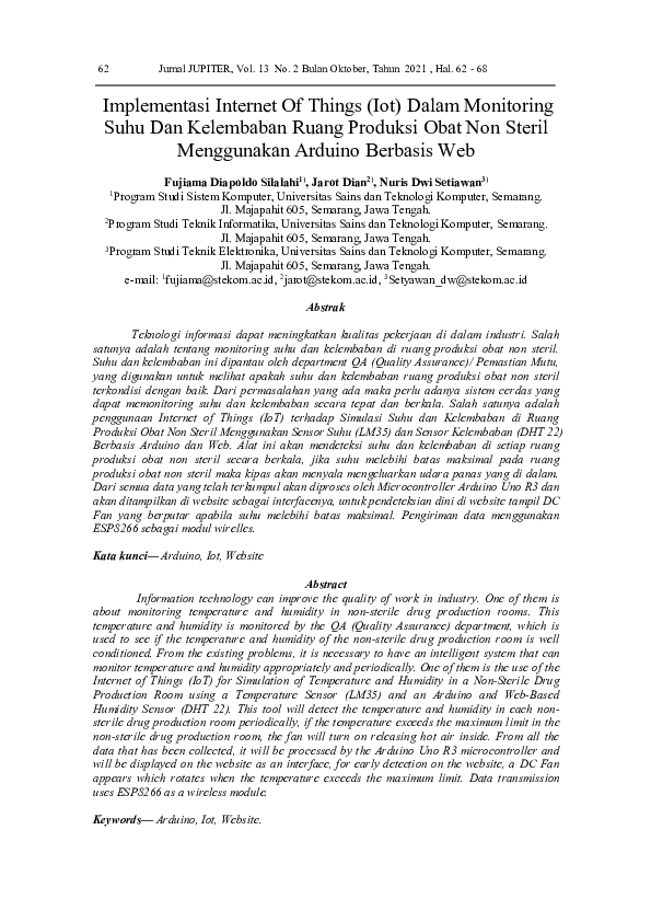 Pdf Implementasi Internet Of Things Iot Dalam Monitoring Suhu Dan Kelembaban Ruang Produksi