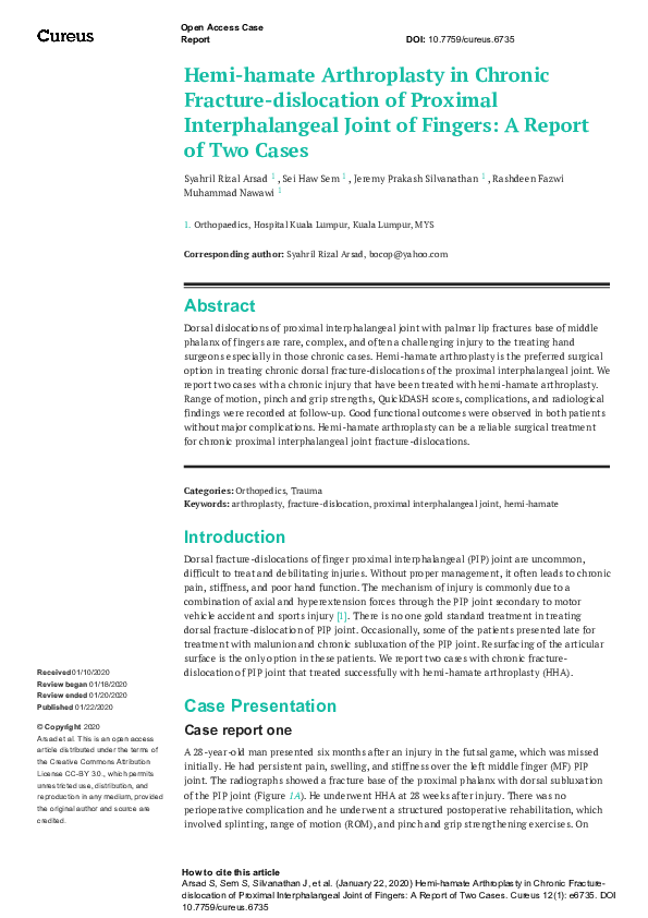(PDF) Hemi-hamate Arthroplasty in Chronic Fracture-dislocation of ...