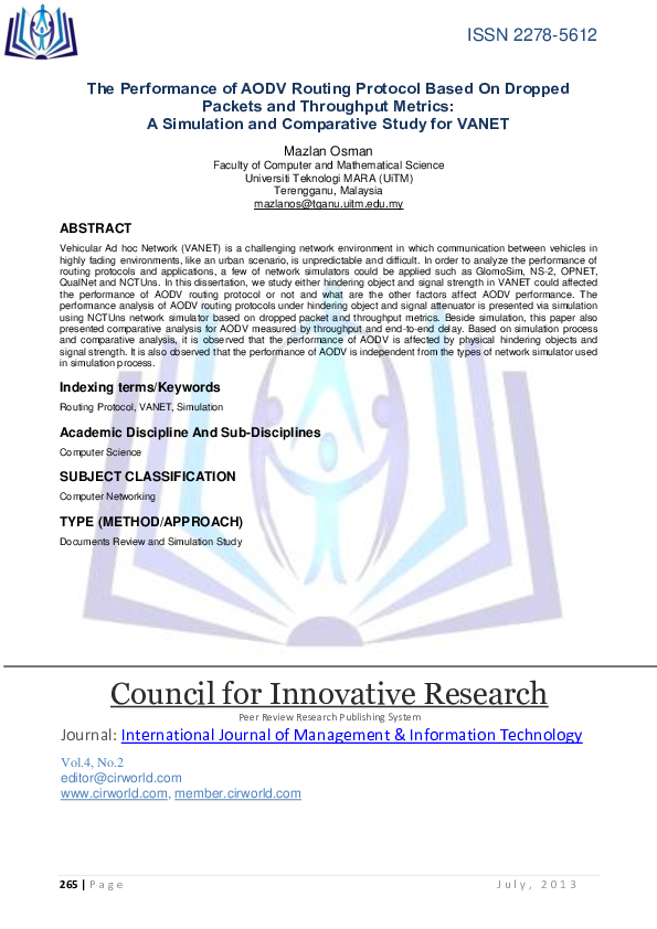 Pdf The Performance Of Aodv Routing Protocol Based On Dropped Packets And Throughput Metrics