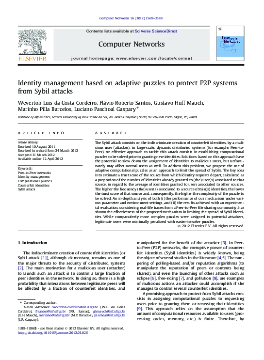 (PDF) Identity management based on adaptive puzzles to protect P2P systems from Sybil attacks