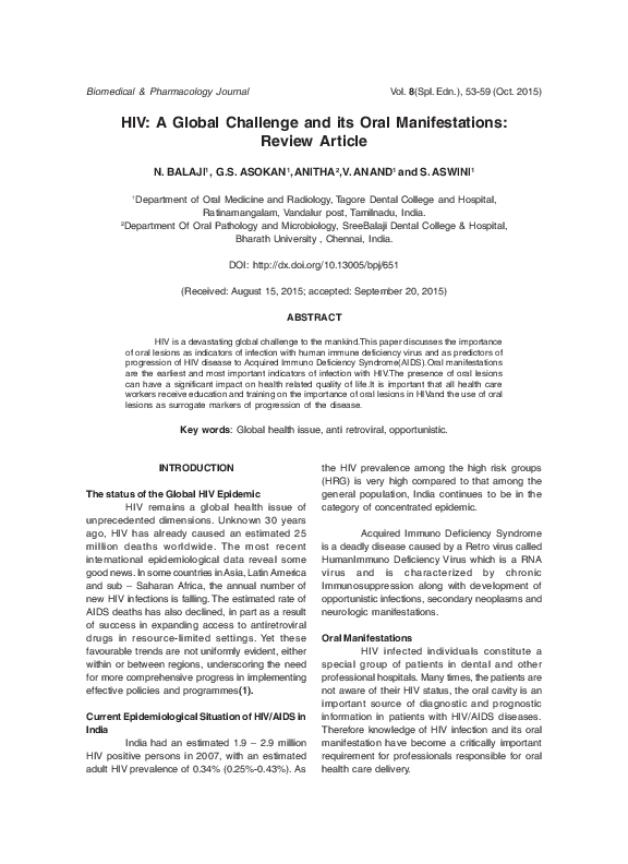 (PDF) HIV: A Global Challenge and its Oral Manifestations: Review Article