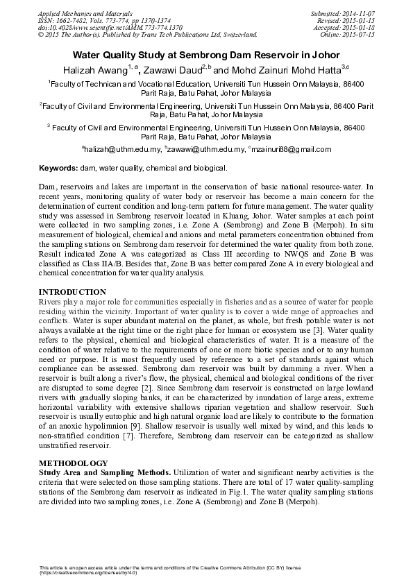 (PDF) Water Quality Study at Sembrong Dam Reservoir in Johor