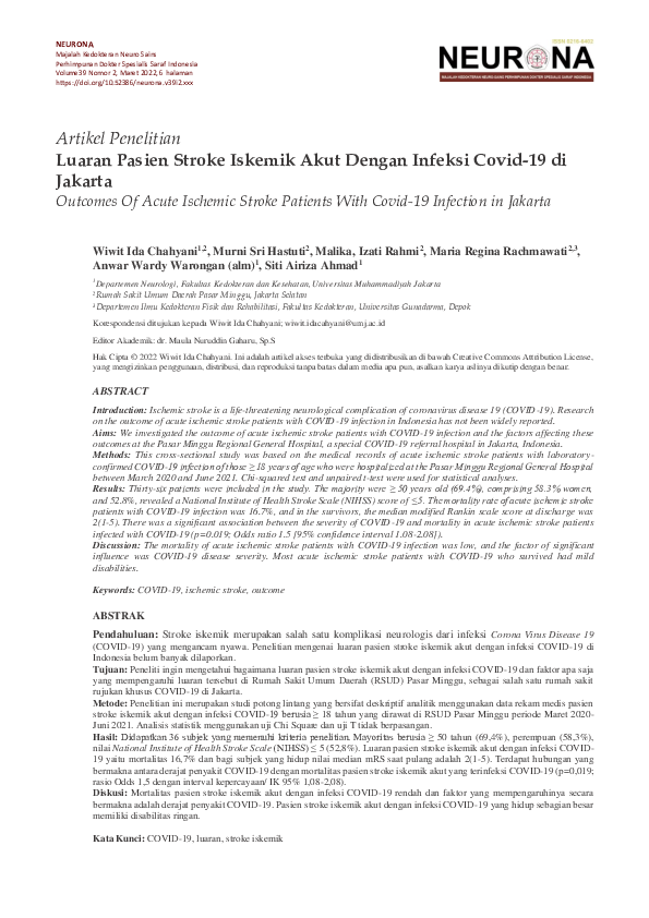 (PDF) Luaran Pasien Stroke Iskemik Akut Dengan Infeksi COVID-19 DI ...