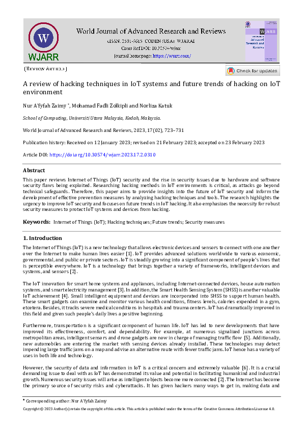 (PDF) A review of hacking techniques in IoT systems and future trends of hacking on IoT environment