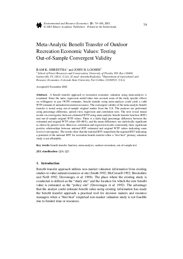 (PDF) Meta-Analytic Benefit Transfer of Outdoor Recreation Economic ...