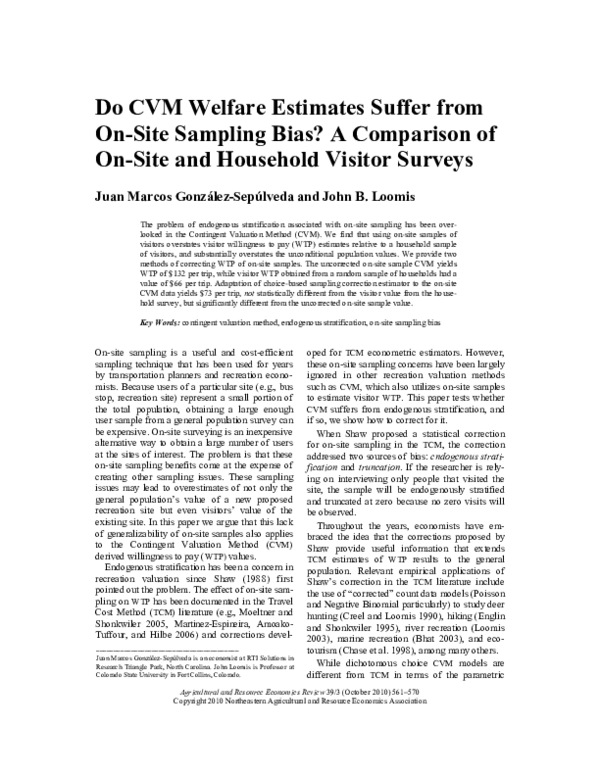 (PDF) Do CVM Welfare Estimates Suffer from On-Site Sampling Bias? A ...