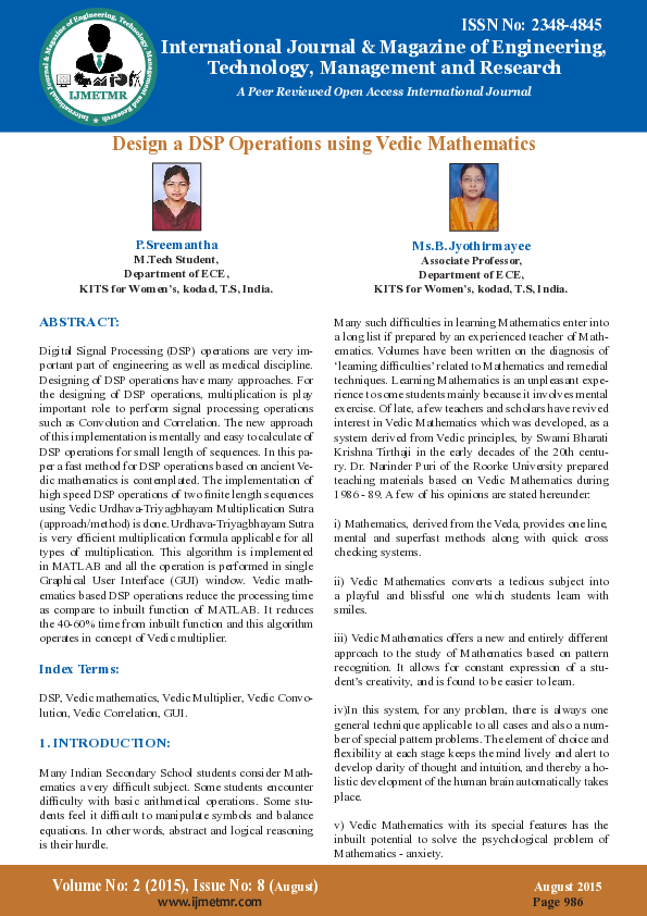 (PDF) Design a DSP operations using vedic mathematics