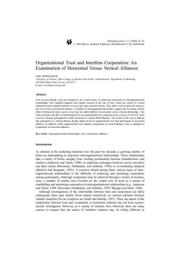 (PDF) Organizational Trust and Interfirm Cooperation: An Examination of Horizontal Versus ...