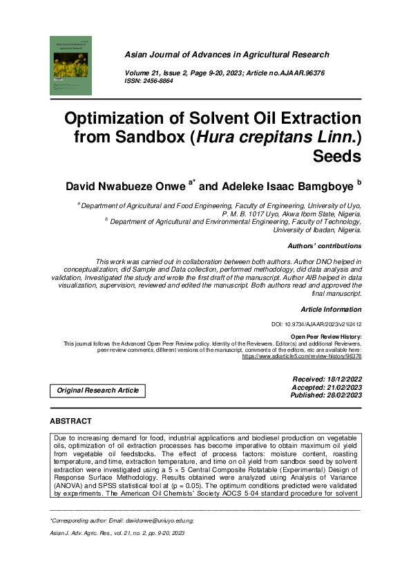 (PDF) Optimization of Solvent Oil Extraction from Sandbox (Hura ...