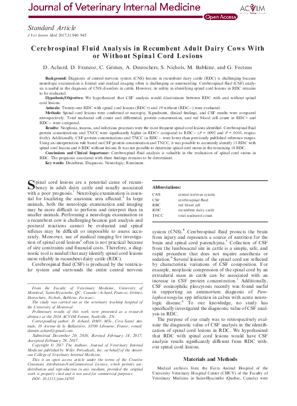(PDF) Cerebrospinal Fluid Analysis in Recumbent Adult Dairy Cows With ...