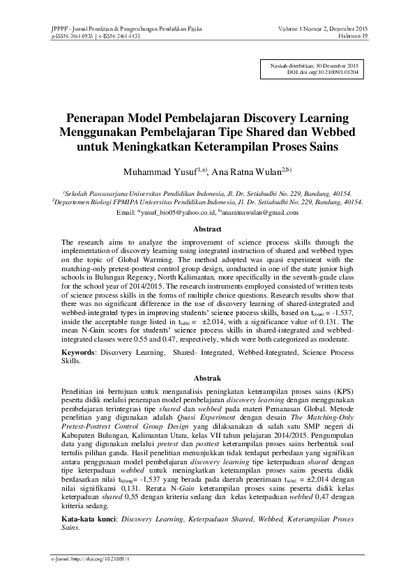 (PDF) Penerapan Model Pembelajaran Discovery Learning Menggunakan Pembelajaran Tipe Shared dan ...