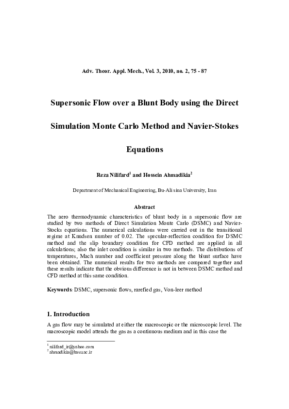 (PDF) Supersonic Flow over Blunt Body: DSMC vs. CFD