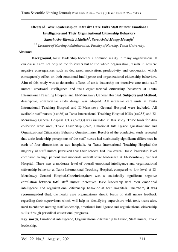 (PDF) Effects of Toxic Leadership on Intensive Care Units Staff Nurses’ Emotional Intelligence ...