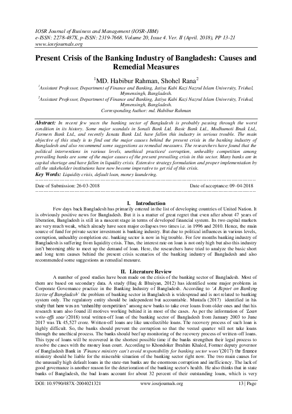 (PDF) Present Crisis of the Banking Industry of Bangladesh : Causes and ...