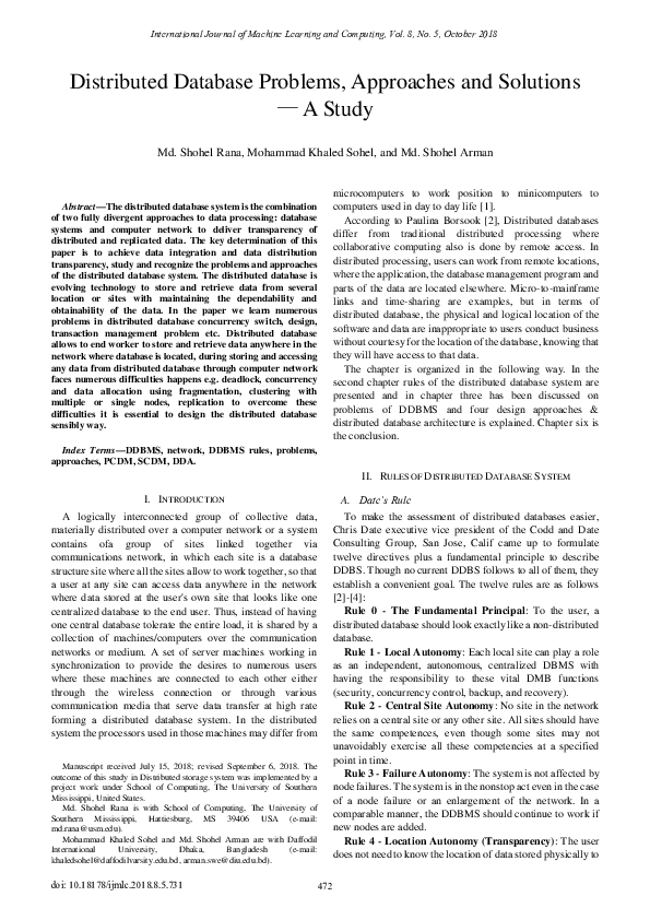 (PDF) Distributed Database Problems, Approaches and Solutions — A Study