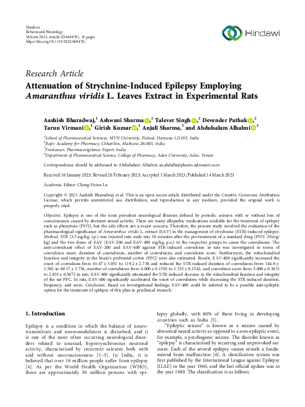 (PDF) Attenuation of Strychnine-Induced Epilepsy Employing Amaranthus viridis L. Leaves Extract ...