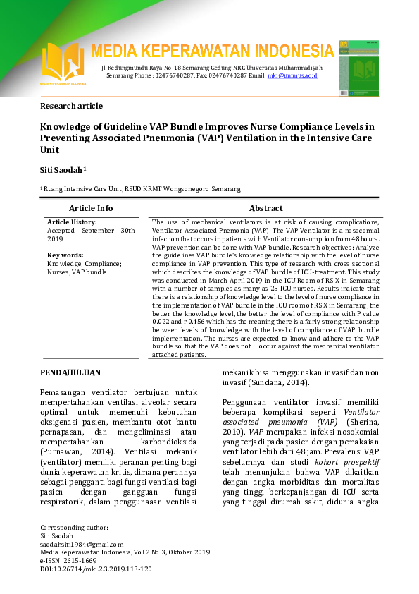 (PDF) Knowledge of Guideline VAP Bundle Improves Nurse Compliance ...