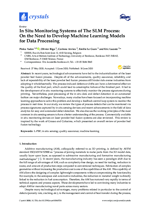 (PDF) In Situ Monitoring Systems of The SLM Process: On the Need to Develop Machine Learning ...