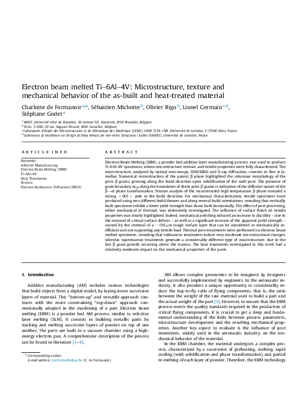 (PDF) Electron beam melted Ti–6Al–4V: Microstructure, texture and mechanical behavior of the as ...