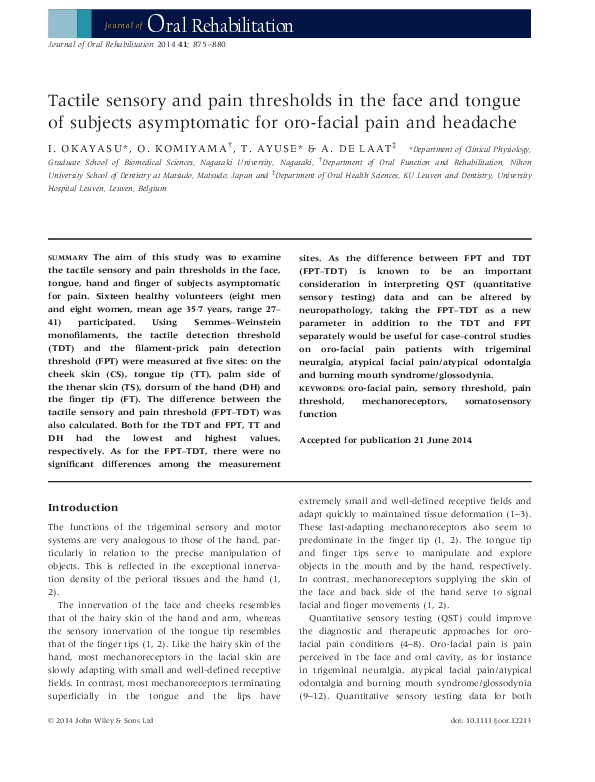 (PDF) Tactile sensory and pain thresholds in the face and tongue of ...