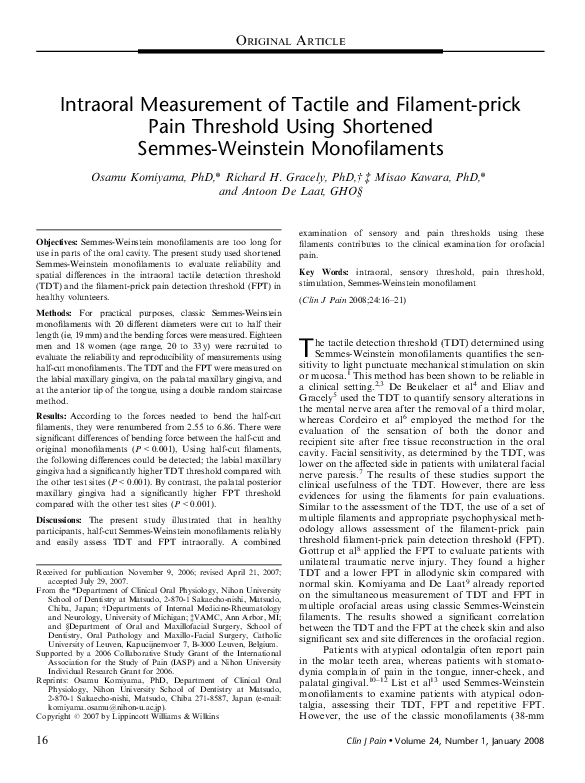 (PDF) Intraoral Measurement of Tactile and Filament-prick Pain ...