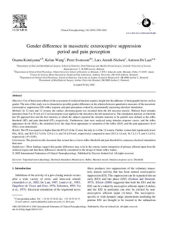 (PDF) Gender difference in masseteric exteroceptive suppression period and pain perception