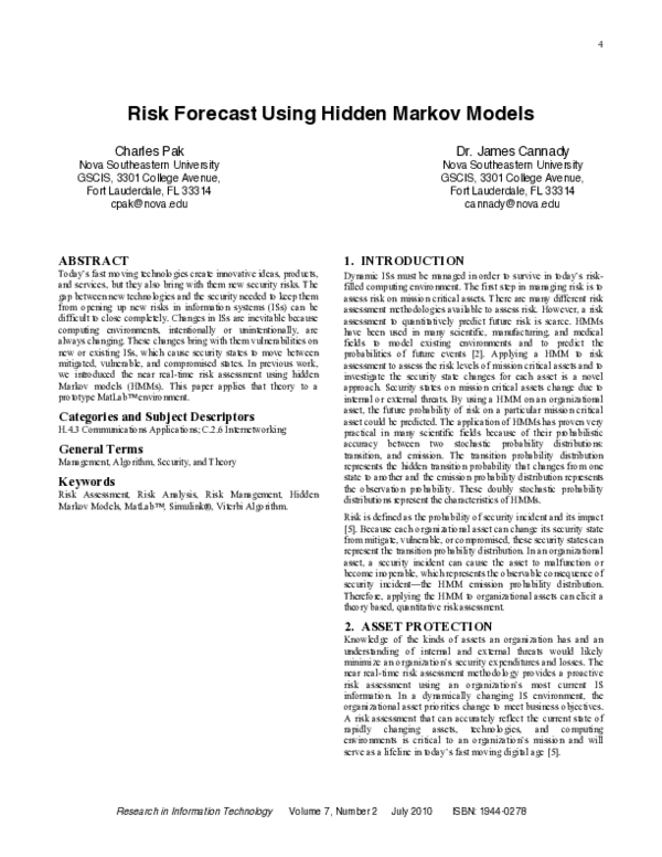 Pdf Risk Forecast Using Hidden Markov Models