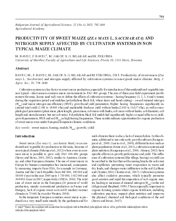 (PDF) Productivity of Sweet Maize (Zea Mays L. Saccharata) and Nitrogen Supply Affected by ...