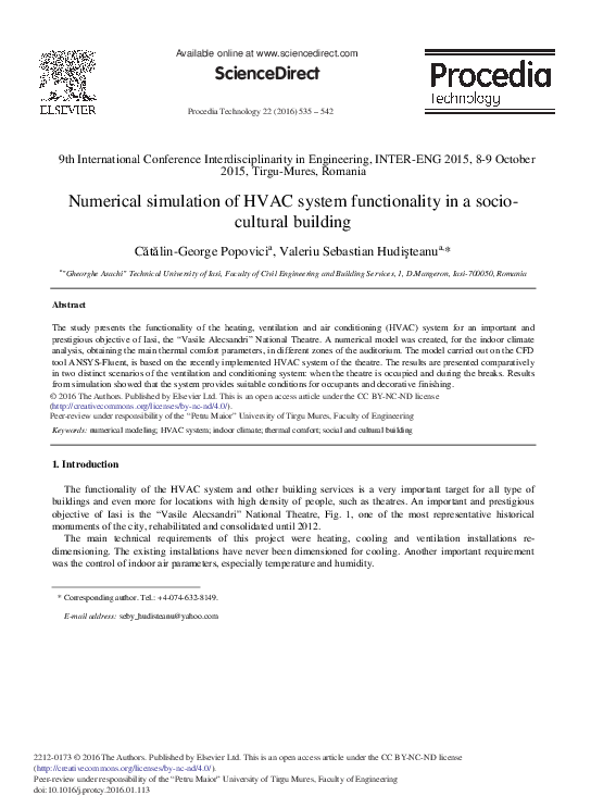 (PDF) Numerical Simulation of HVAC System Functionality in a Sociocultural Building