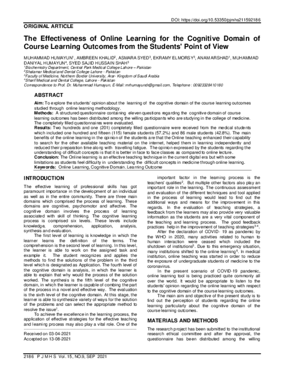 (PDF) The Effectiveness of Online Learning for the Cognitive Domain of Course Learning Outcomes ...