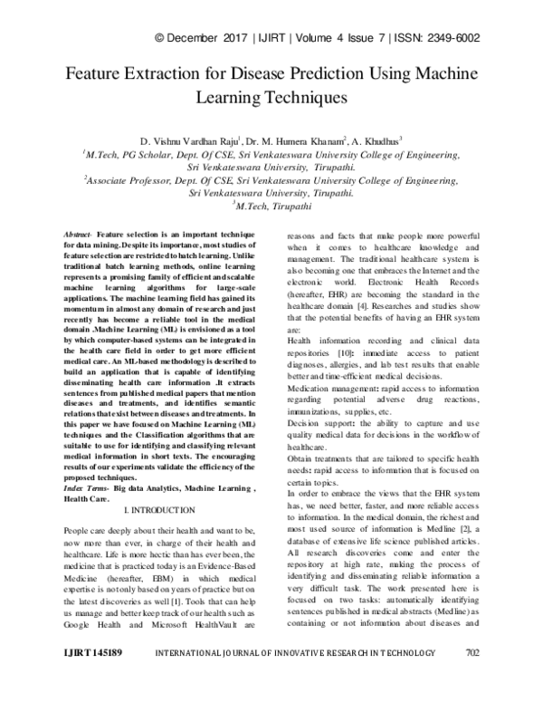 Pdf Feature Extraction For Disease Prediction Using Machine Learning Techniques