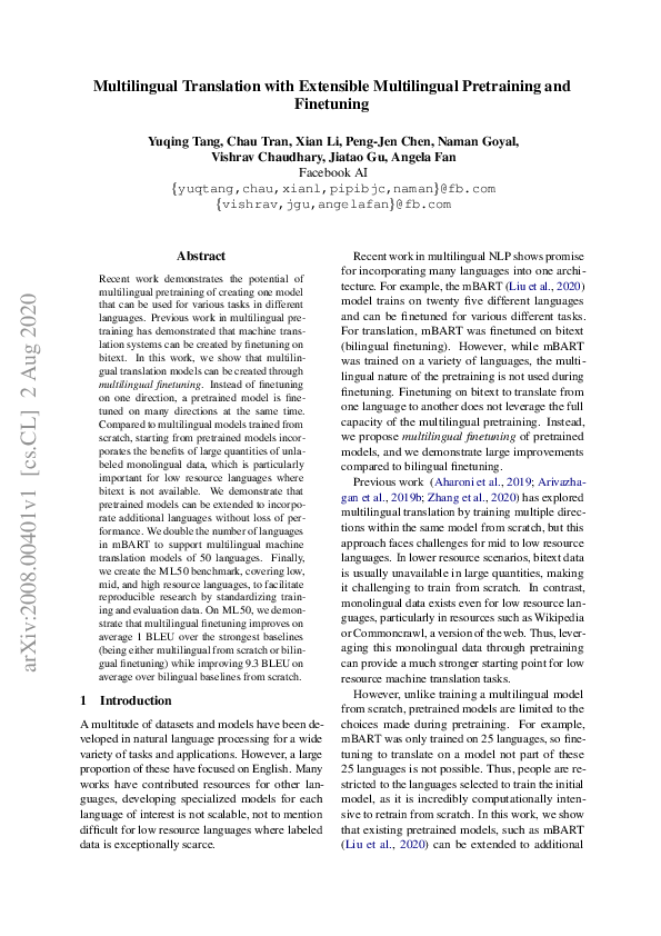 (PDF) Multilingual Translation with Extensible Multilingual Pretraining and Finetuning