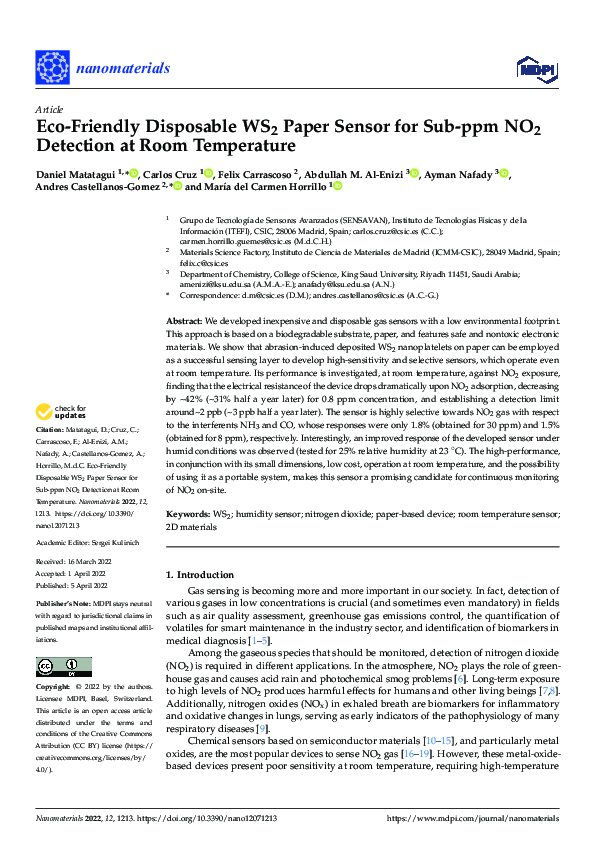 (PDF) Eco-Friendly WS2 Paper Sensor for Sub-ppm NO2 Detection