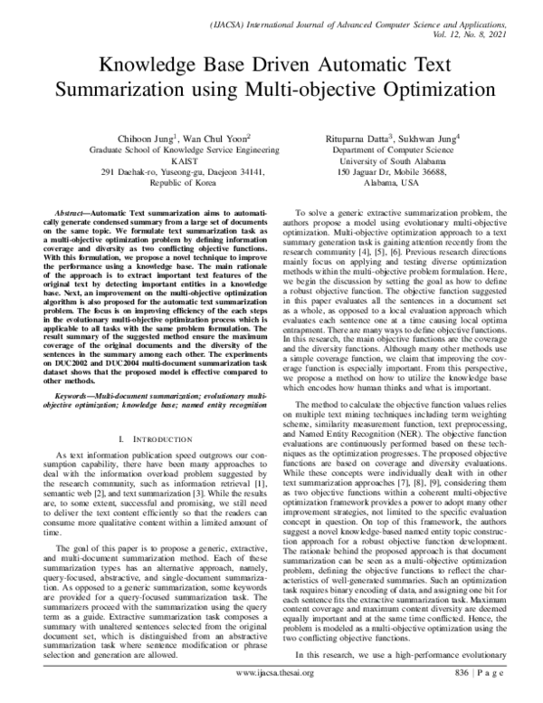 (PDF) Knowledge Base Driven Automatic Text Summarization using Multi-objective Optimization