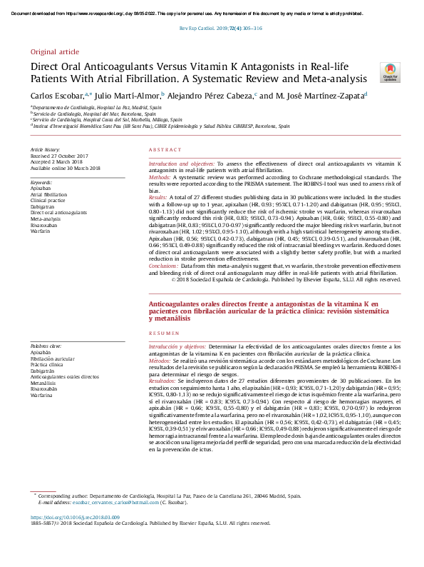 (PDF) Direct Oral Anticoagulants Versus Vitamin K Antagonists in Real-life Patients With Atrial ...