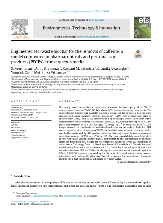 (PDF) Engineered tea-waste biochar for the removal of caffeine, a model ...
