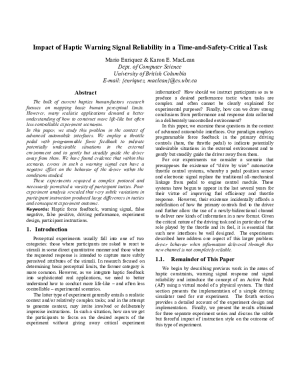(PDF) Impact of haptic warning signal reliability in a time-and-safety ...